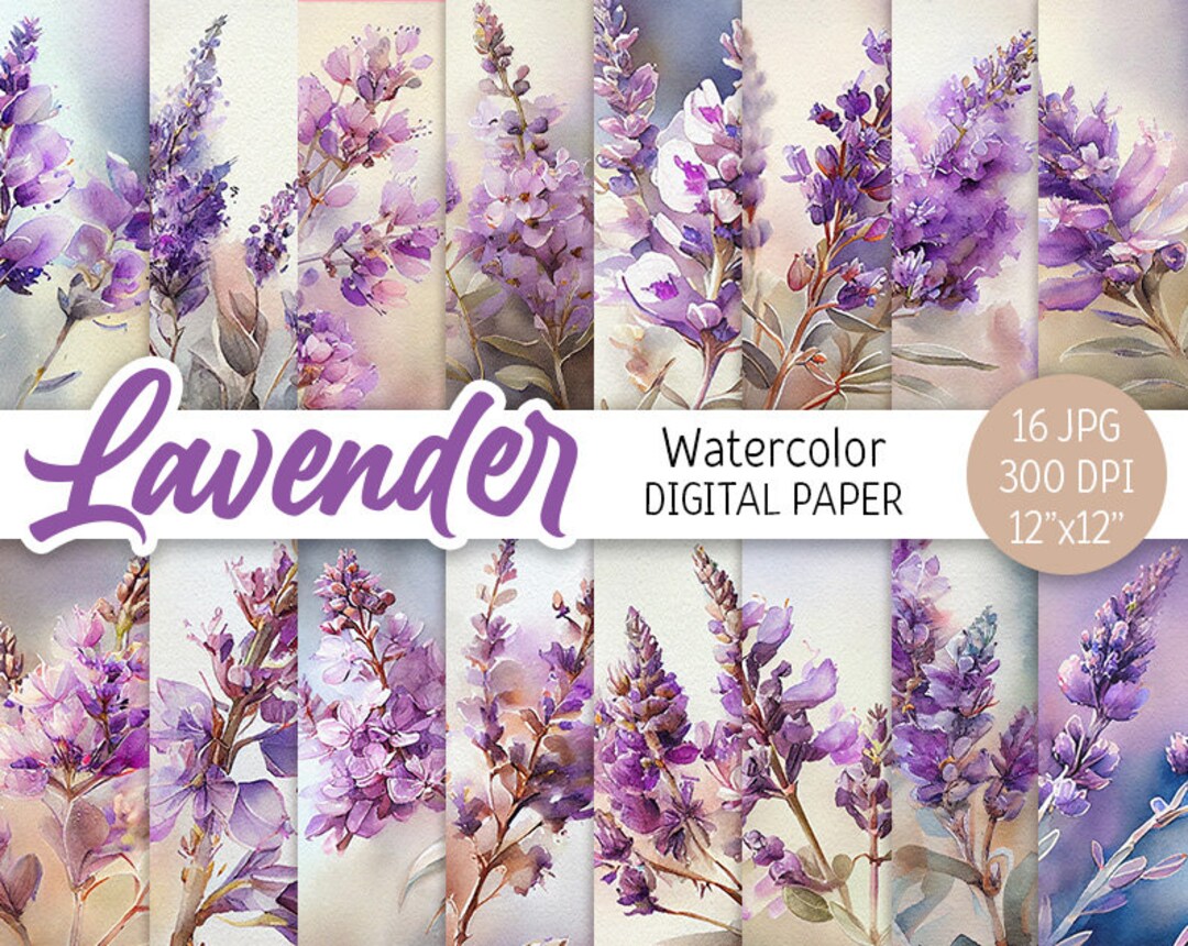 Watercolor Lavender Digital Paper Pack Flower Blossom Printable ...