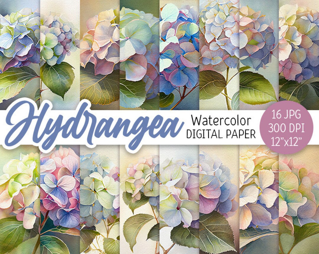 Watercolor Hydrangea Digital Paper Pack Floral Printable Scrapbooking ...
