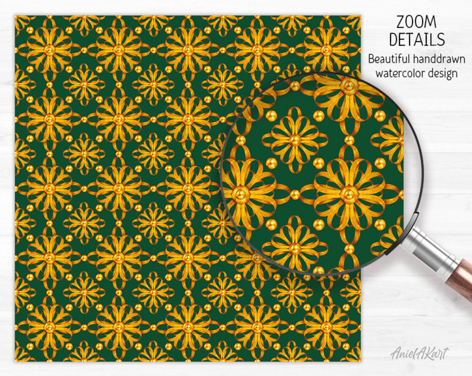 Gold Seamless Pattern Watercolor Ornaments Green Digital Paper - Etsy