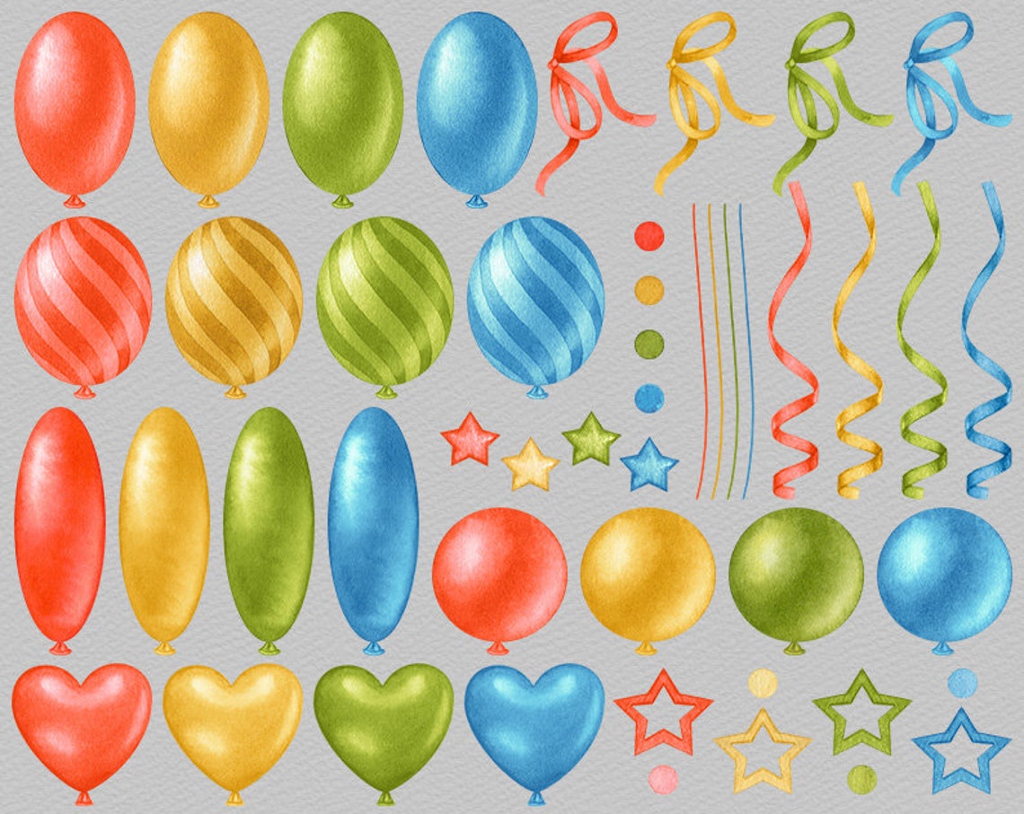 Watercolor Birthday Balloons Clipart Hand Painted Confetti - Etsy