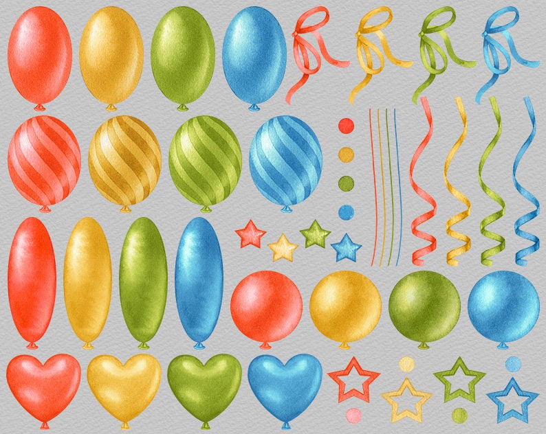 Watercolor Birthday Balloons Clipart Hand Painted Confetti - Etsy