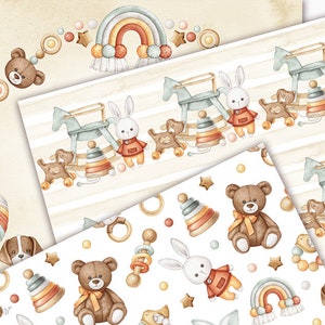 Boho Baby Digital Paper Pack Nursery Watercolor Baby Toys Seamless ...