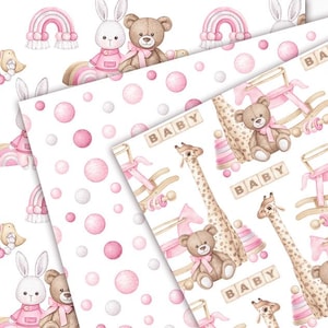 Baby Girl Digital Paper Pack Boho Nursery Watercolor Toys Seamless ...