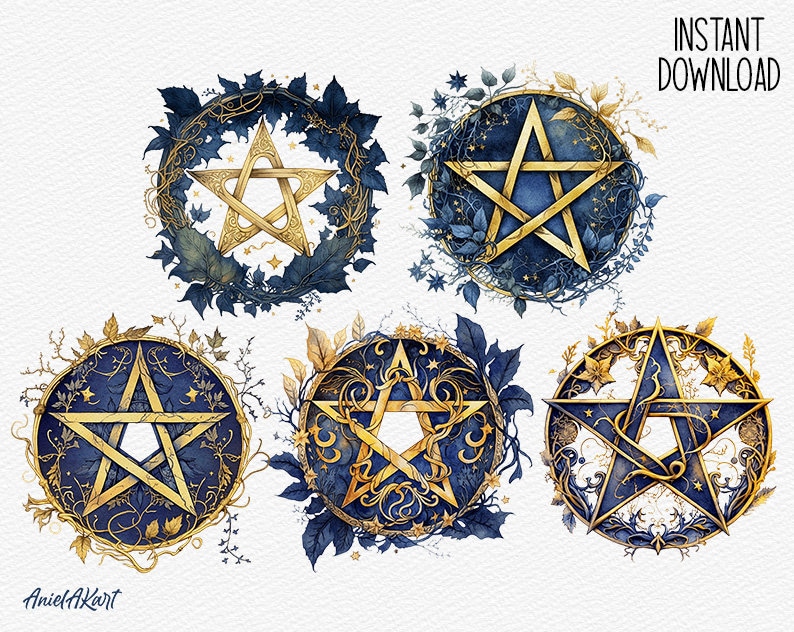Watercolor Pentagram Clipart Magic Pentacle PNG Bundle Wiccan - Etsy