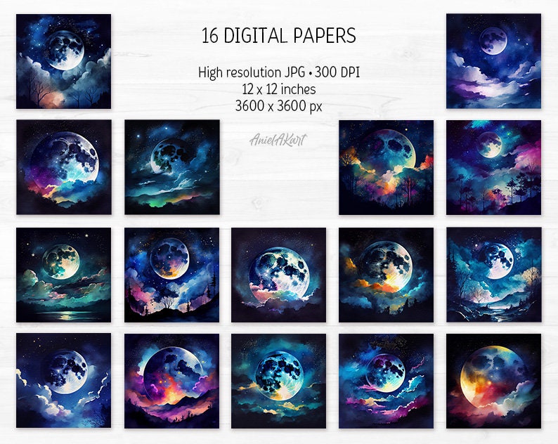 Full Moon Digital Paper Pack Watercolor Moon Printable Scrapbooking ...