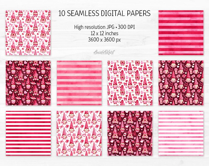 Valentine Gnomes Digital Paper Pack Watercolor Gnome Seamless - Etsy