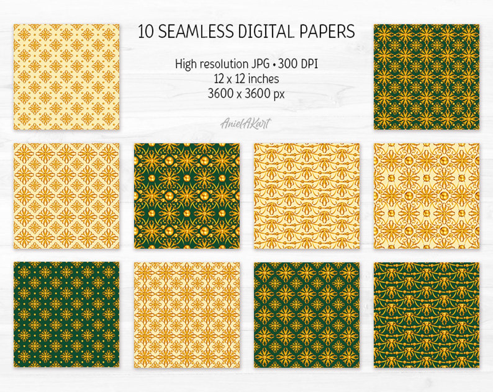 Gold Seamless Pattern Watercolor Ornaments Green Digital Paper - Etsy