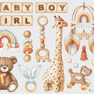 Watercolor Baby Toys Clipart Boho Baby Shower PNG Newborn Clipart ...