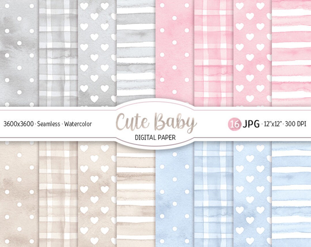 Cute Baby Digital Paper Pack Pastel Seamless Pattern Watercolor Polka ...
