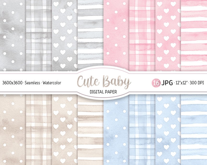 Cute Baby Digital Paper Pack Pastel Seamless Pattern Watercolor Polka ...