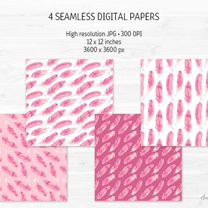 Pink Feather Watercolor Digital Paper Pack Exotic Boho Seamless Pattern ...