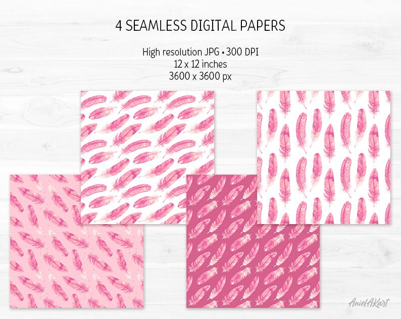 Pink Feather Watercolor Digital Paper Pack Exotic Boho - Etsy