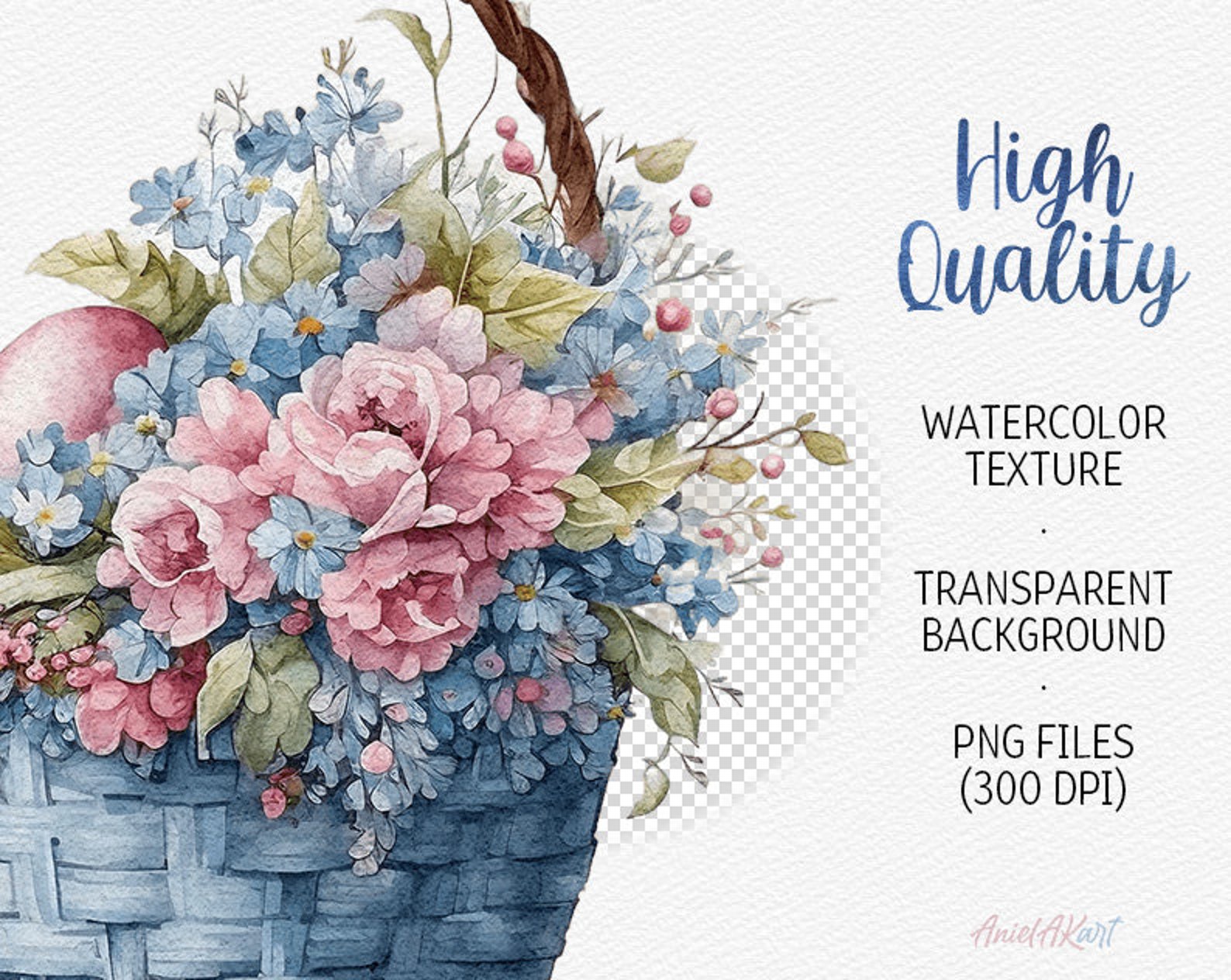 Watercolor Easter Clipart Bundle, Spring Clipart PNG, Basket Bird Eggs ...