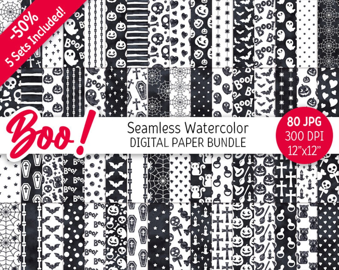 Black & White Halloween Digital Paper Pack Watercolor Seamless Pattern ...