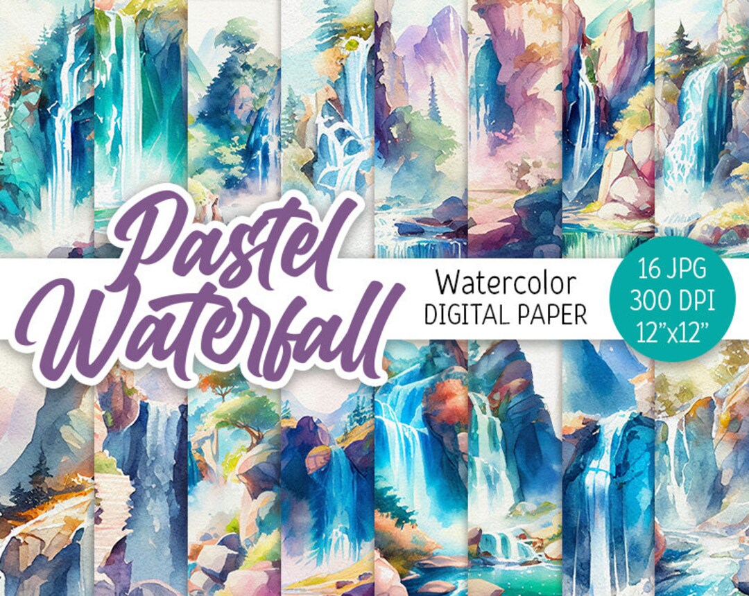 Watercolor Pastel Waterfall Digital Paper Pack Landscape Printable ...