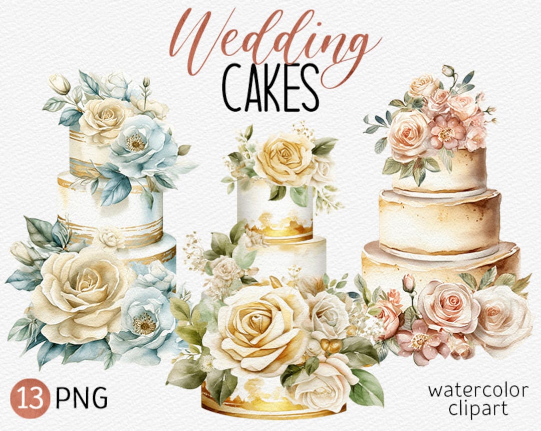Watercolor Wedding Cake Clipart Pack Floral Cake PNG Bundle White ...