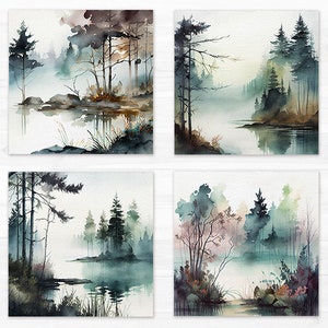 Watercolor Forest Lake Digital Paper Pack Foggy Wood Printable ...