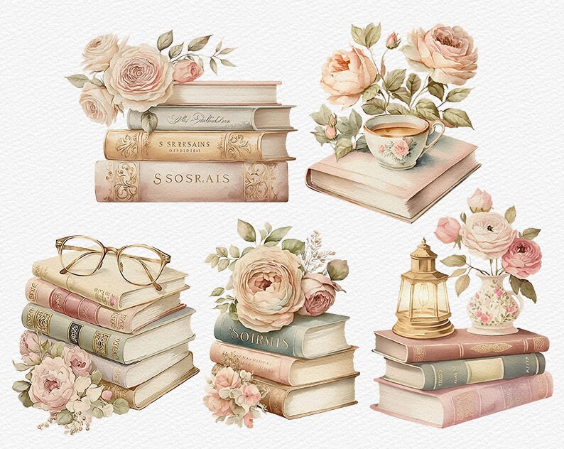 Watercolor Rose Books Clipart Pack Watercolor Book PNG Bundle Bookshelf ...