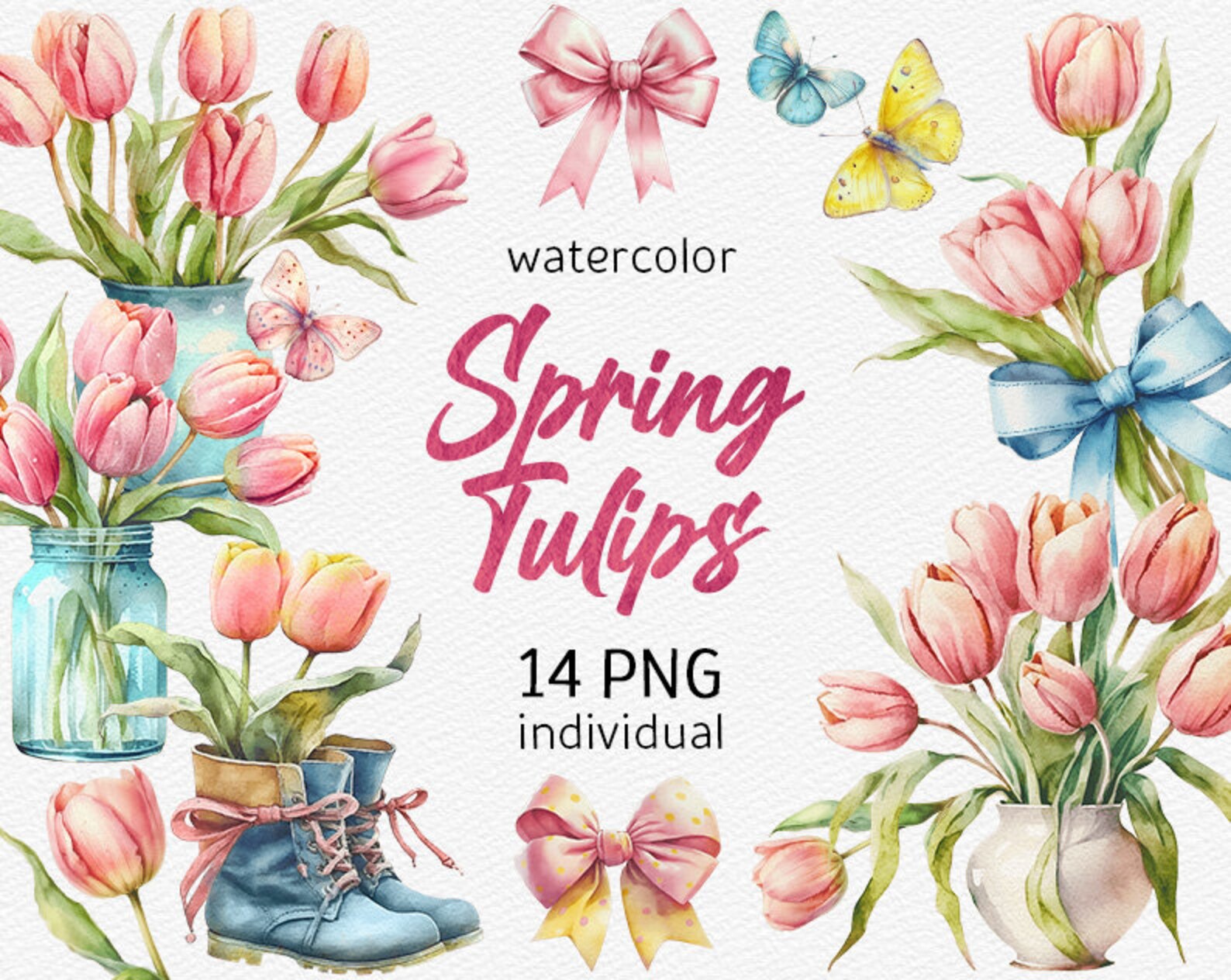 Watercolor Tulip Clipart, Pink Tulip PNG, Scrapbooking Clipart Bundle ...
