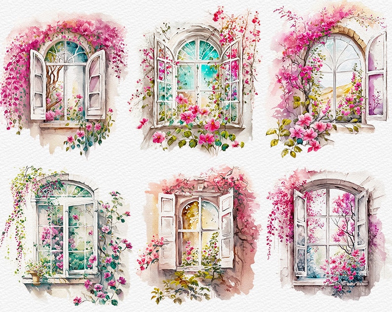 Watercolor Spring Window Clipart Flower Window PNG - Etsy