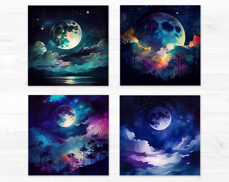 Full Moon Digital Paper Pack Watercolor Moon Printable Scrapbooking ...
