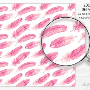 Pink Feather Watercolor Digital Paper Pack Exotic Boho Seamless Pattern ...