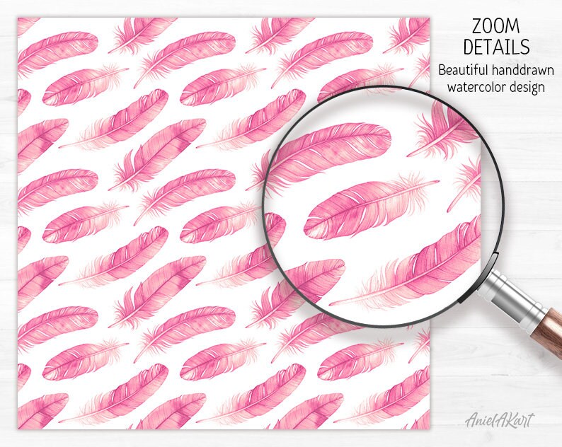 Pink Feather Watercolor Digital Paper Pack Exotic Boho Seamless Pattern ...