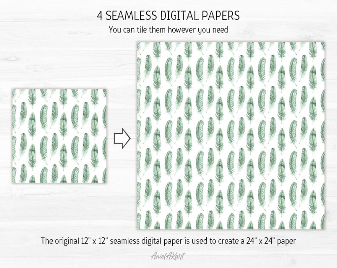 Sage Green Feather Watercolor Digital Paper Pack Exotic Boho - Etsy
