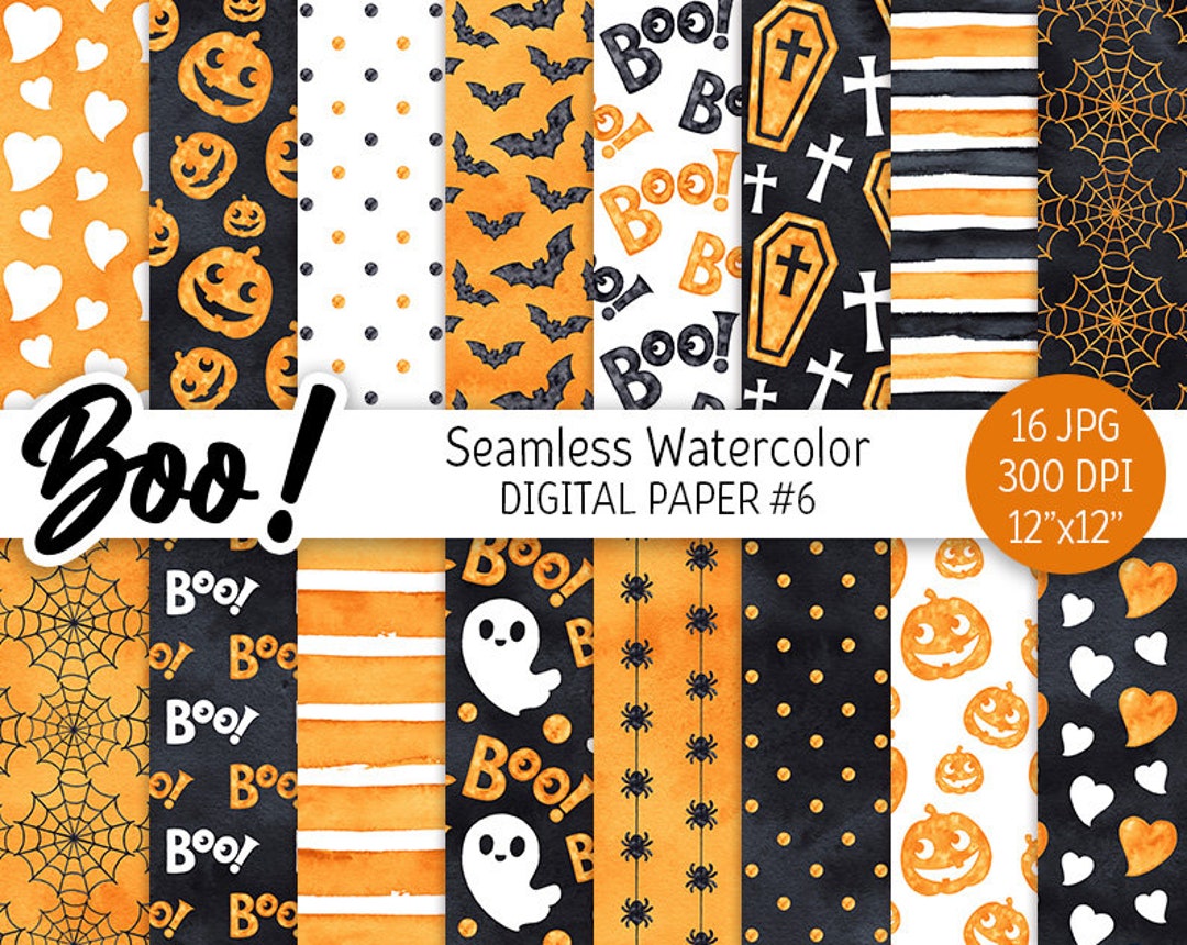 Orange Black Halloween Digital Paper Pack Watercolor Seamless Pattern ...