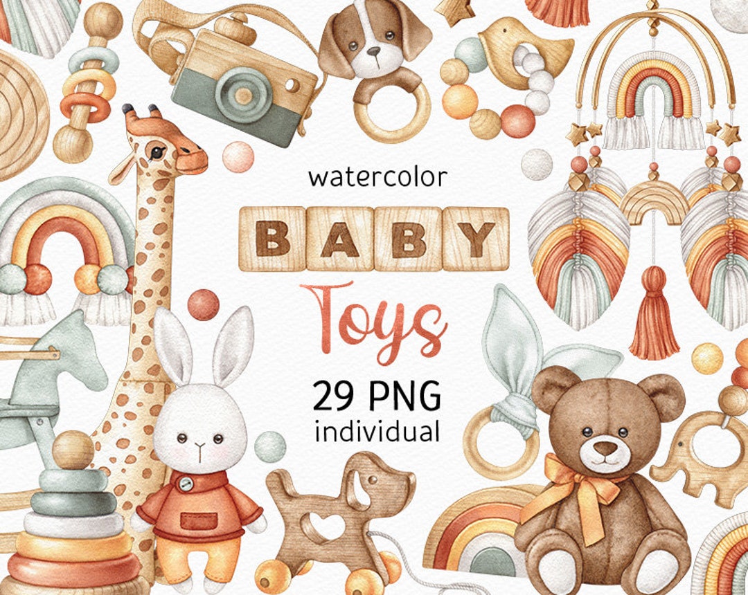 Watercolor Baby Toys Clipart Boho Baby Shower PNG Newborn Clipart ...