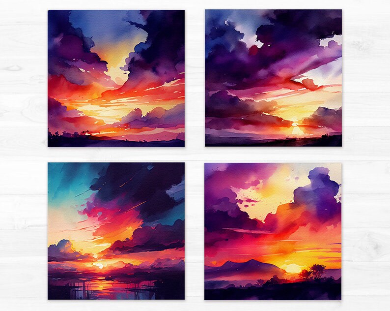 Watercolor Sunset Sky Digital Paper Pack Beach Sunset - Etsy