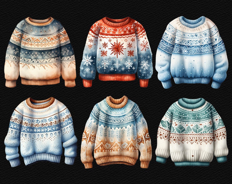 Watercolor Winter Sweater Clipart Bundle Ugly Christmas Sweater PNG ...
