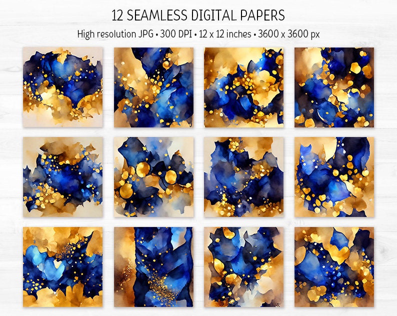 Navy and Gold Digital Paper Pack Watercolor Abstract Seamless Pattern ...