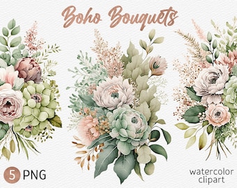 Watercolor Boho Floral Clipart Flower Boho Wedding JPG Bohemian Bridal ...