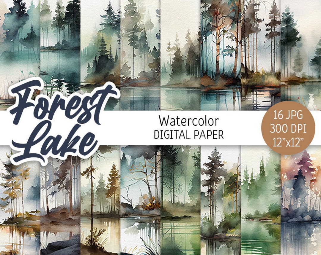 Watercolor Forest Lake Digital Paper Pack Foggy Wood Printable ...
