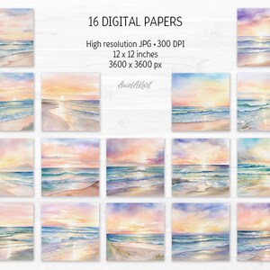 Watercolor Pastel Beach Digital Paper Pack Sunset Seascape Printable ...