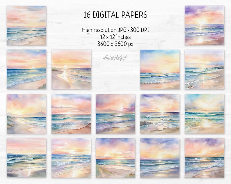 Watercolor Pastel Beach Digital Paper Pack Sunset Seascape Printable ...