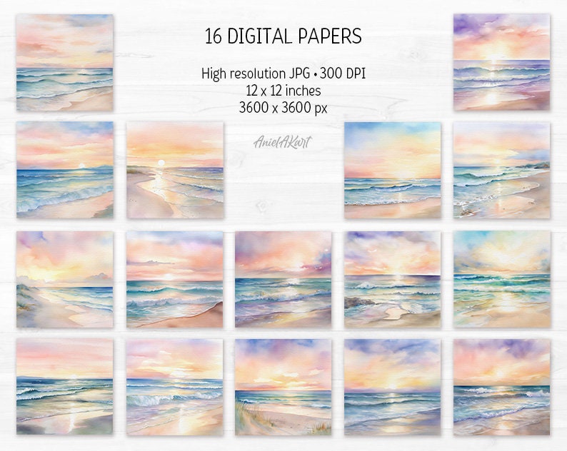 Watercolor Pastel Beach Digital Paper Pack Sunset Seascape Printable ...