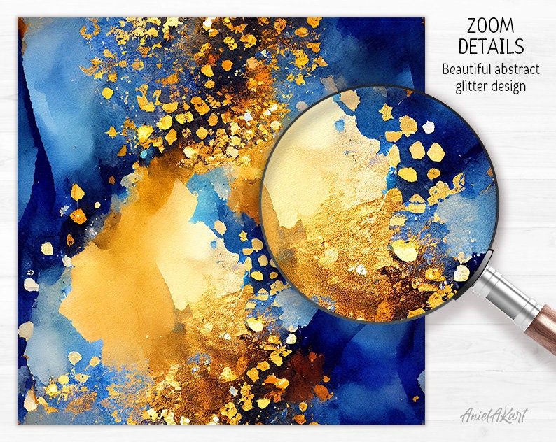 Blue and Gold Digital Paper Pack Watercolor Abstract Blue Seamless ...