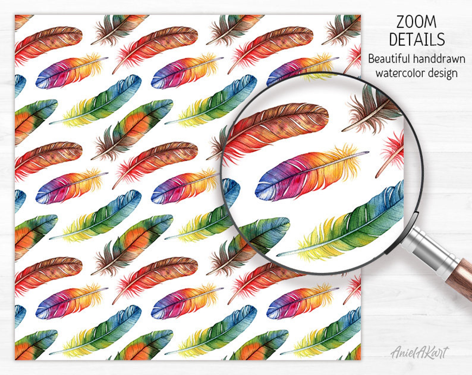 Rainbow Feather Watercolor Digital Paper Pack Colorful Exotic Boho ...