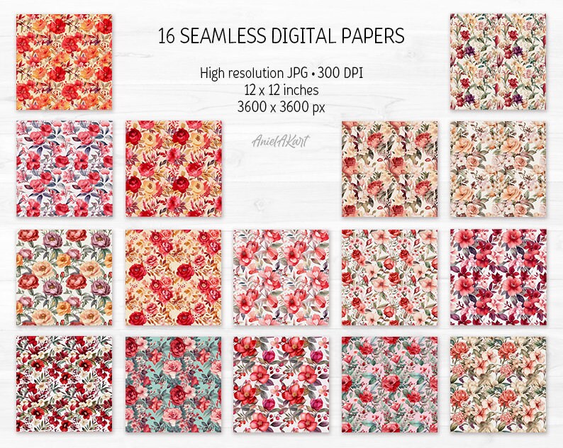 Watercolor Floral Digital Paper Pack Flower Seamless Pattern - Etsy