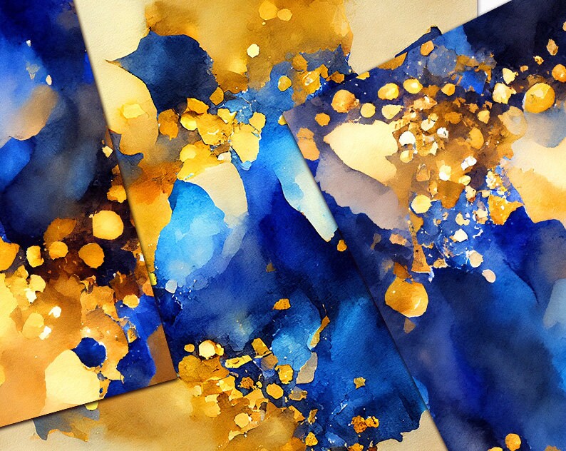 Blue and Gold Digital Paper Pack Watercolor Abstract Blue Seamless ...