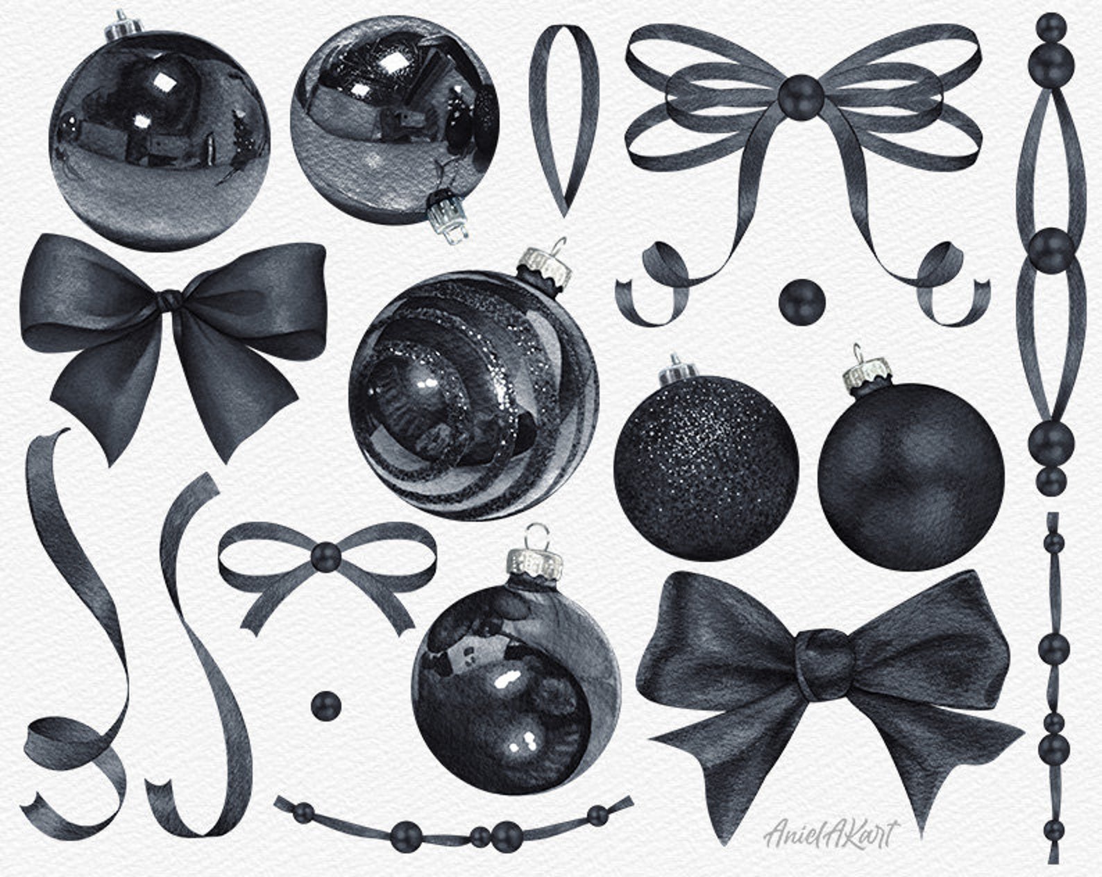 Black Christmas Clipart Watercolor Ribbon Clipart Christmas - Etsy