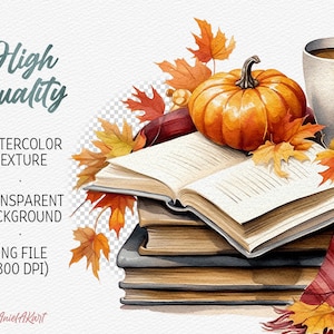 Watercolor Fall Reading Clipart Pack Watercolor Autumn Book PNG Bundle ...