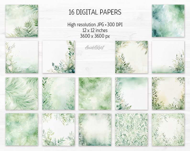 Sage Green Digital Paper Pack Watercolor Pastel Wedding Scrapbook Paper ...