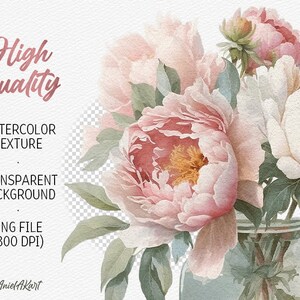 Watercolor Pink Peonies Clipart White Peony Bundle PNG Sublimation ...