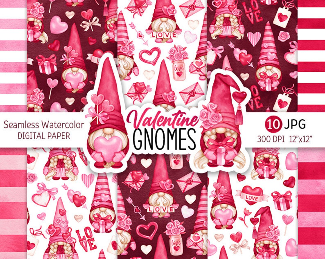 Valentine Gnomes Digital Paper Pack Watercolor Gnome Seamless Pattern ...