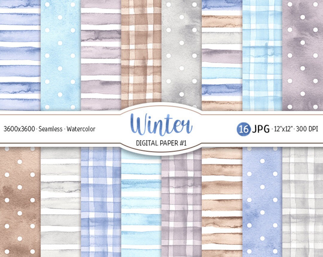 Watercolor Winter Digital Paper Pack Winter Hues Seamless Pattern Polka ...