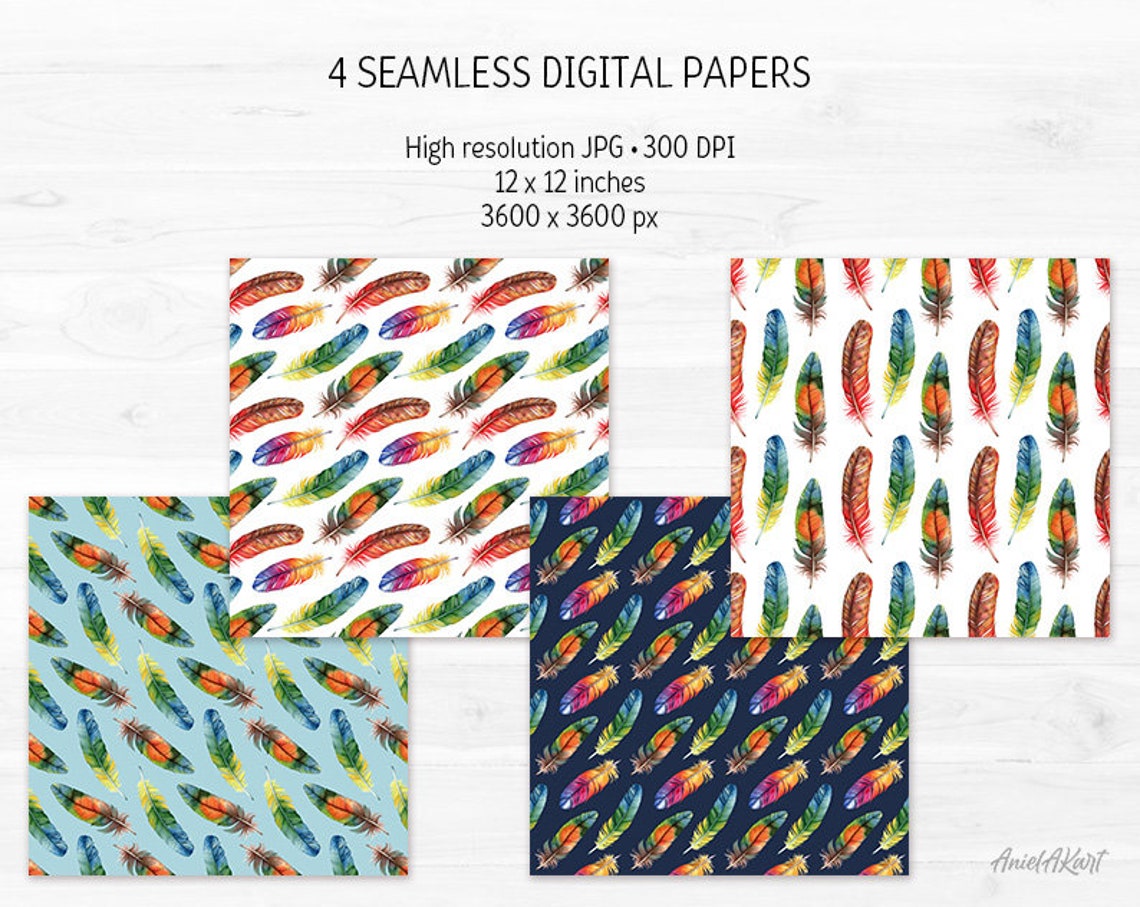 Rainbow Feather Watercolor Digital Paper Pack Colorful Exotic Boho ...