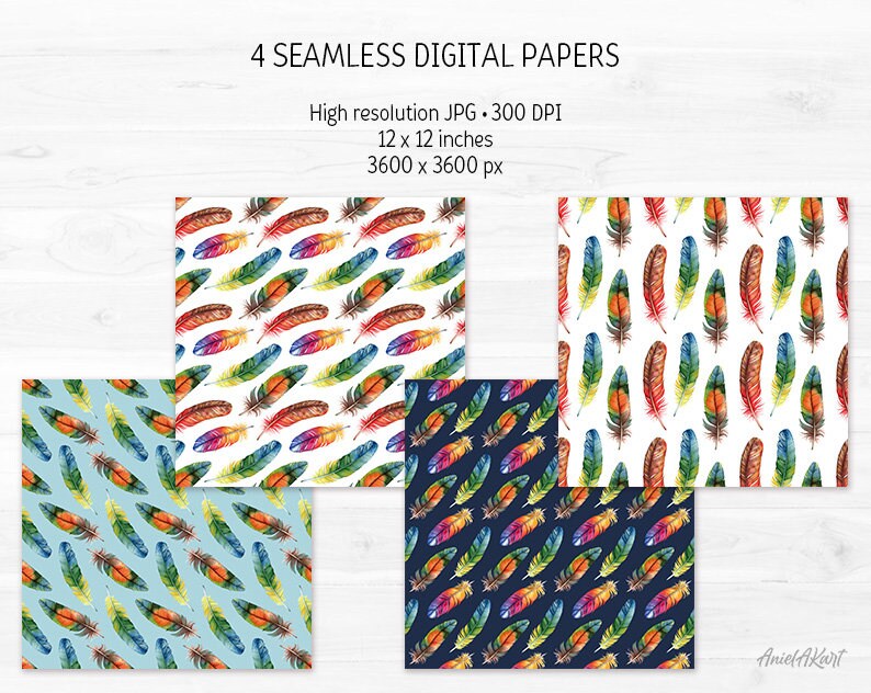 Rainbow Feather Watercolor Digital Paper Pack Colorful Exotic Boho ...